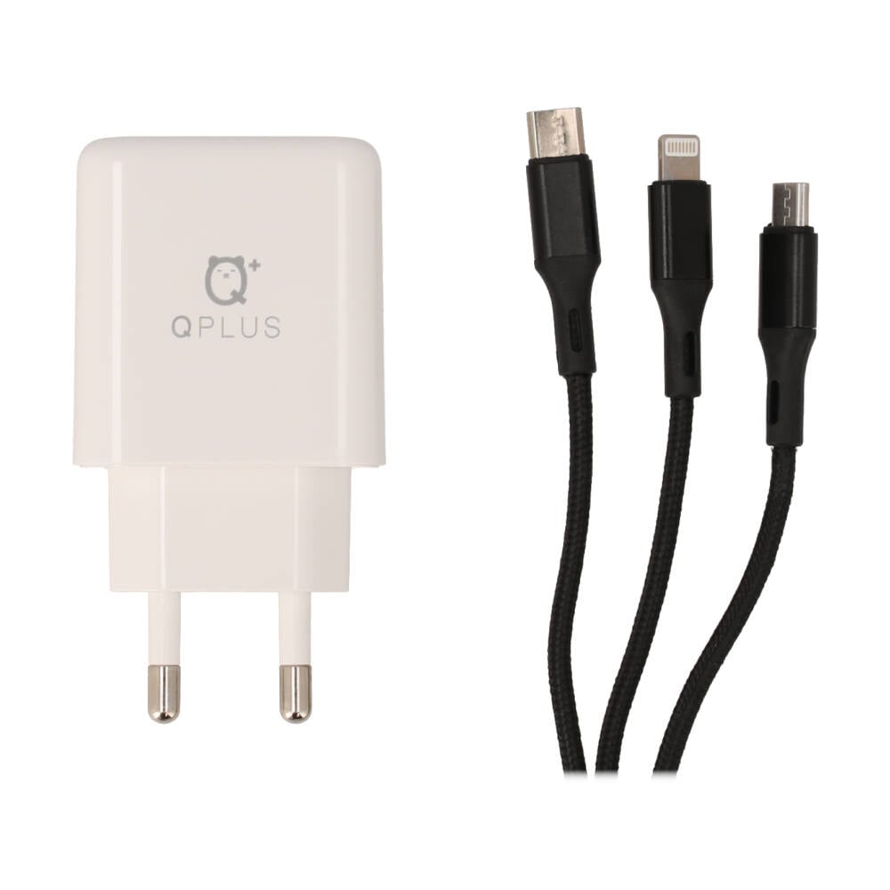 อะแดปเตอร์ QPLUS Wall Charger 2 USB-A 12W พร้อมสายชาร์จ 3-in-1 White 1. ...