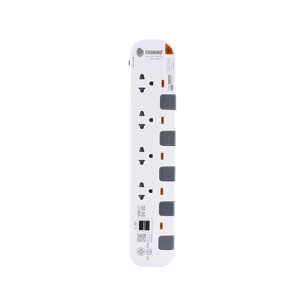 ปลั๊กไฟ Toshino Plug 4 Way 5 Switch 2 USB (P4375USB-3M WG) White ...