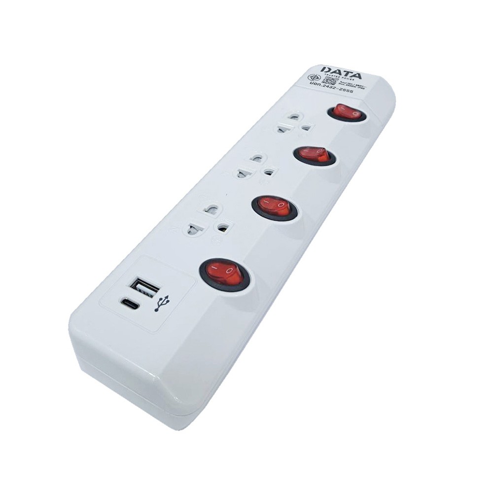 รางปลั๊กไฟ DATA TIS Plug 3 Way 4 Switch 2 USB 3M. (HMWC4236 3M) White | Education Studio7