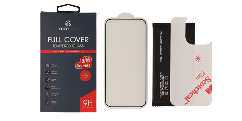 TECHPRO TG FF ฟิล์ม iPhone 15 Pro Black (F+B) | Education Studio7
