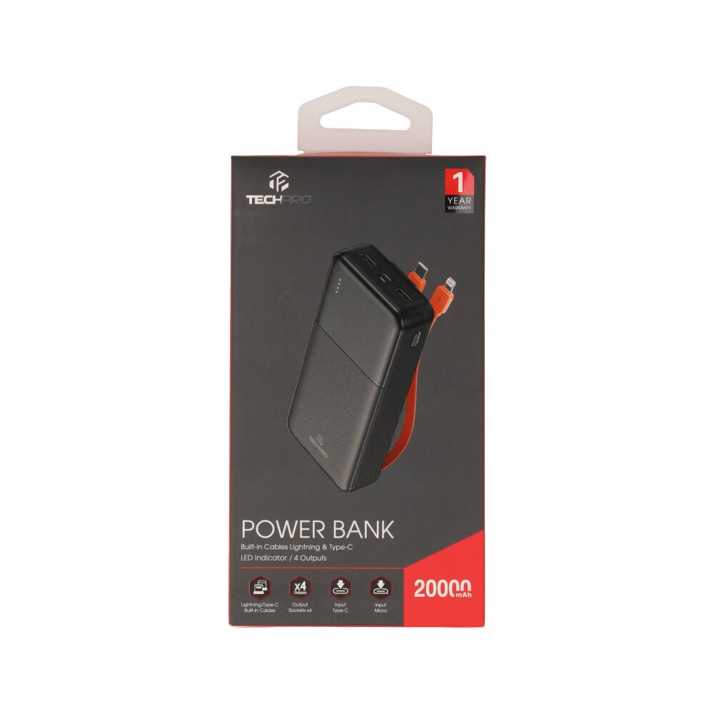พาวเวอร์แบงค์ TECHPRO ความจุ 20000 mAh with Built in Lightning + Type-C (TP-PB20) - Black ...